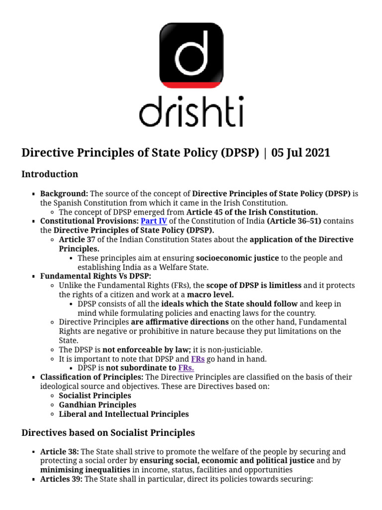 To The Points - Paper2 - Directive Principles of State Policy DPSP ...
