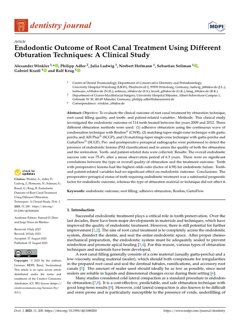 Endodontic Outcome of Root Canal Treatment Using Different Obturation Techniques: A Clinical ...