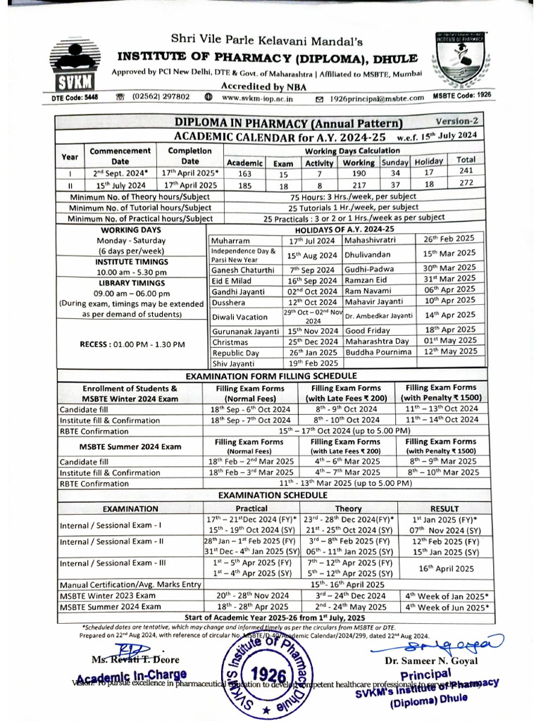 D. Pharm - Revised Academic Calendar 24-25 | PDF