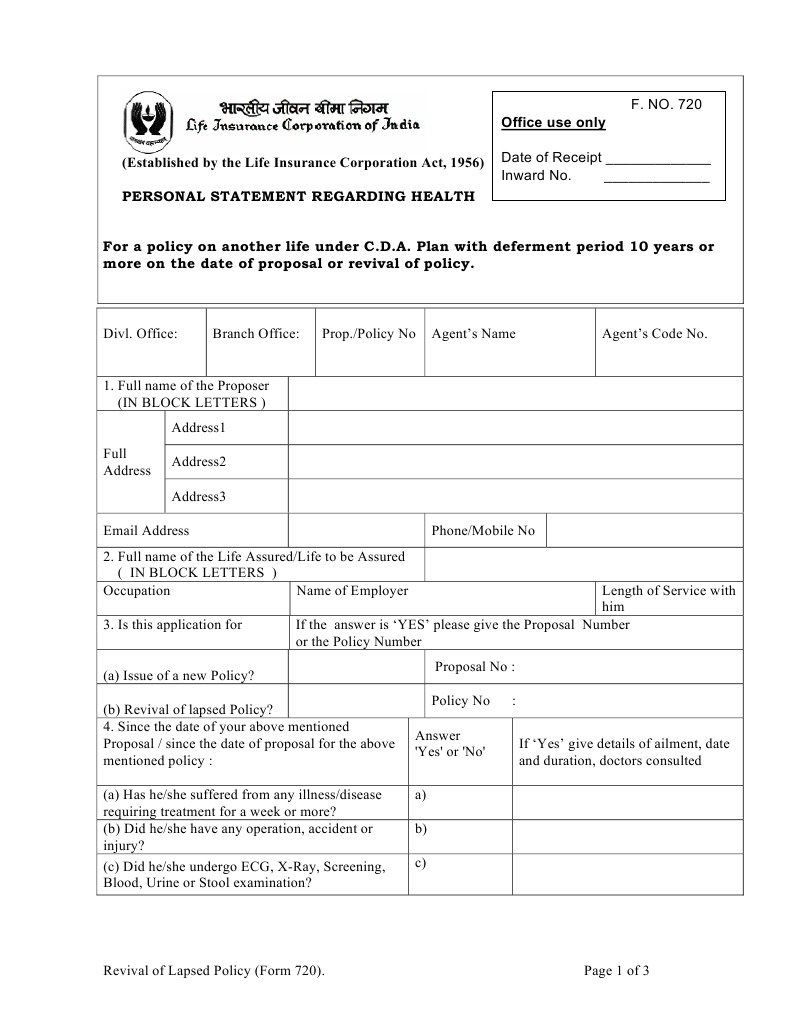 LIC policy revival form | PDF | Life Insurance | Insurance