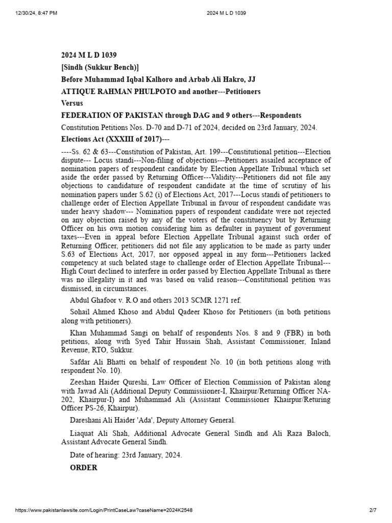 Locus Standi 2024 M L D 1039 | PDF | Taxes | Appeal