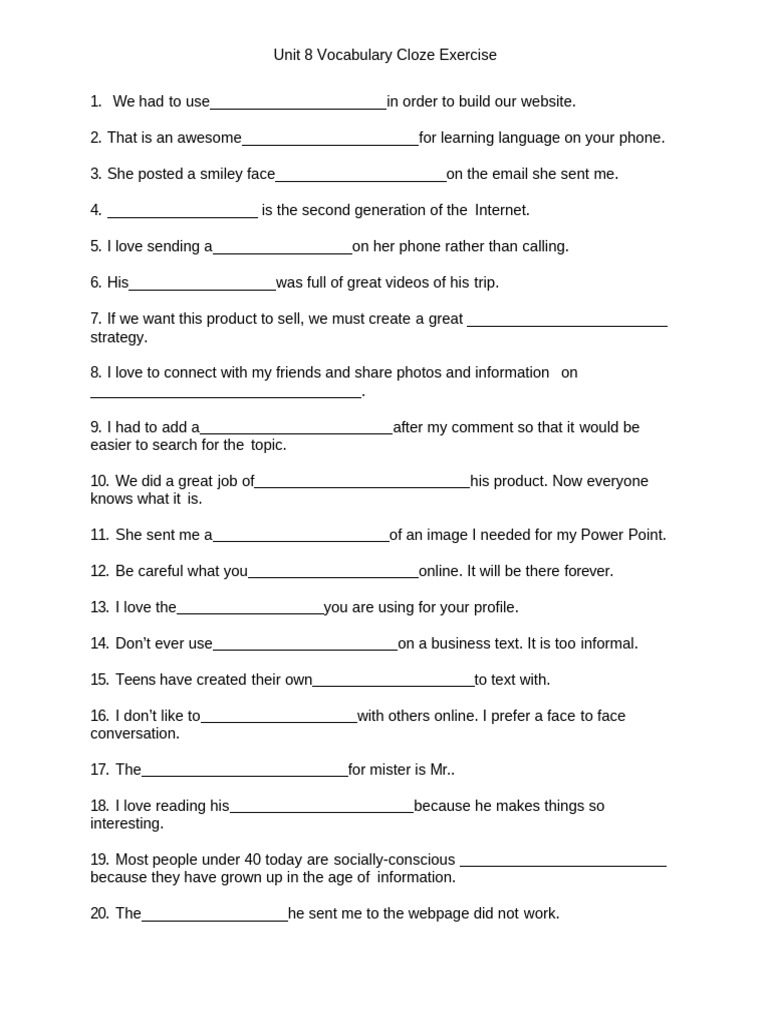 Unit 8 Vocabulary Cloze Exercise Handout | PDF