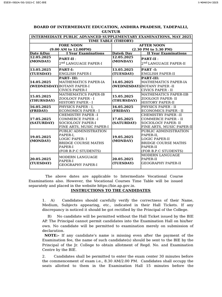 IPE 2025 Exam Time Table and Guidelines | PDF