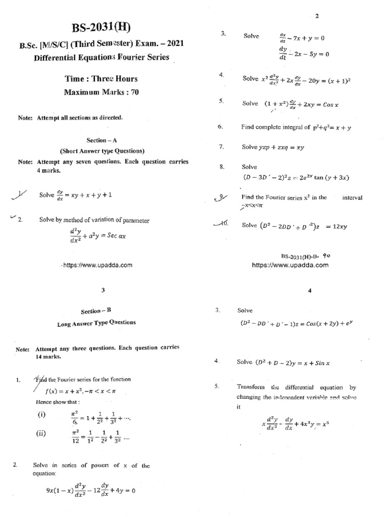 BSC 3 Sem Differential Equations Fourier Series Bs 2031 H 2021 | PDF