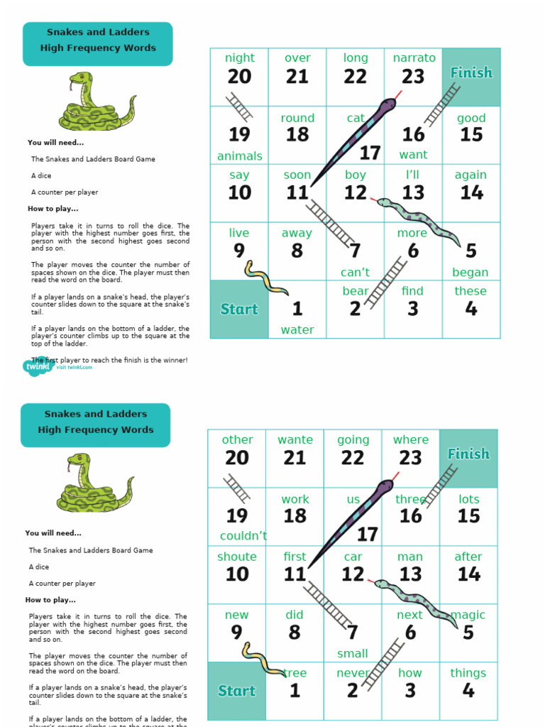 Cfe L 82 Snakes and Ladders 2nd 200 High Frequency Words Board Game ...