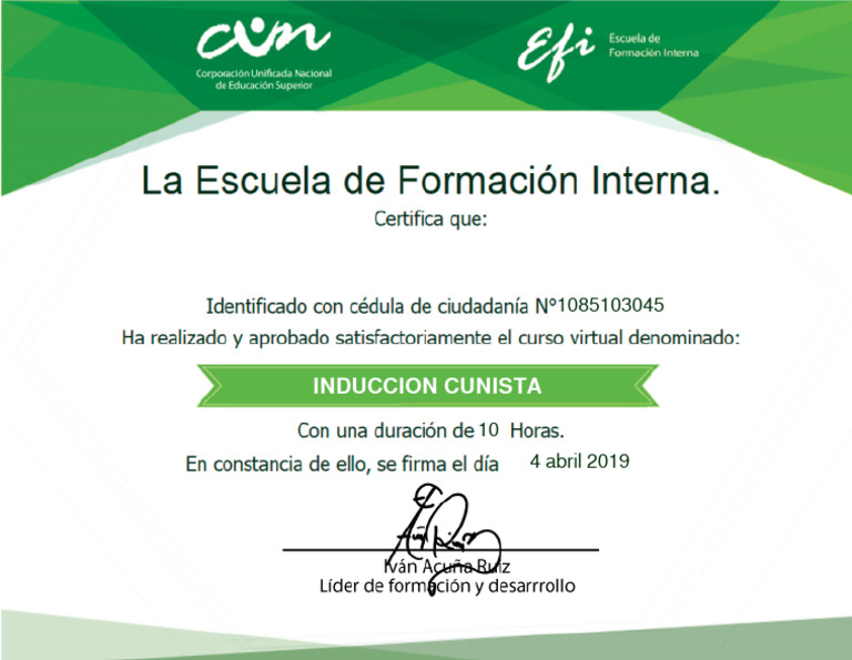 CERTIFICADO Escuela de Informacion Interna - INDUCCIN - CUNISTA | PDF