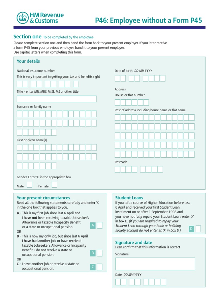P46: Employee Without A Form P45: Section One | PDF | Public Finance ...