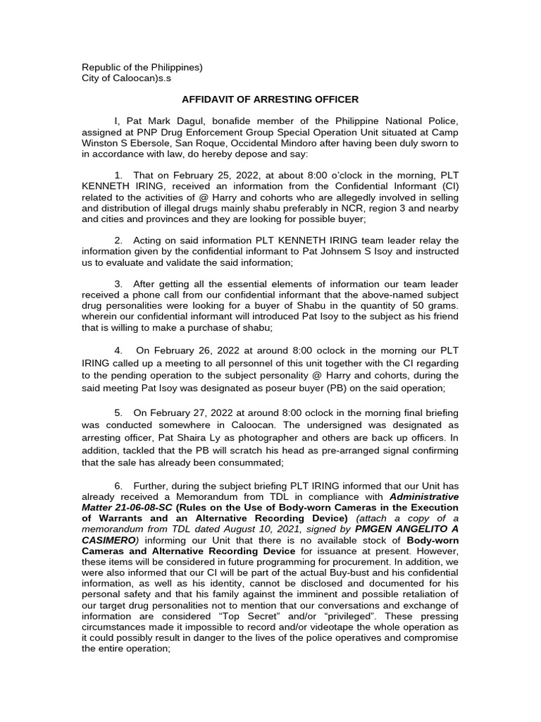 Affidavit of Arresting Officer | PDF | Affidavit
