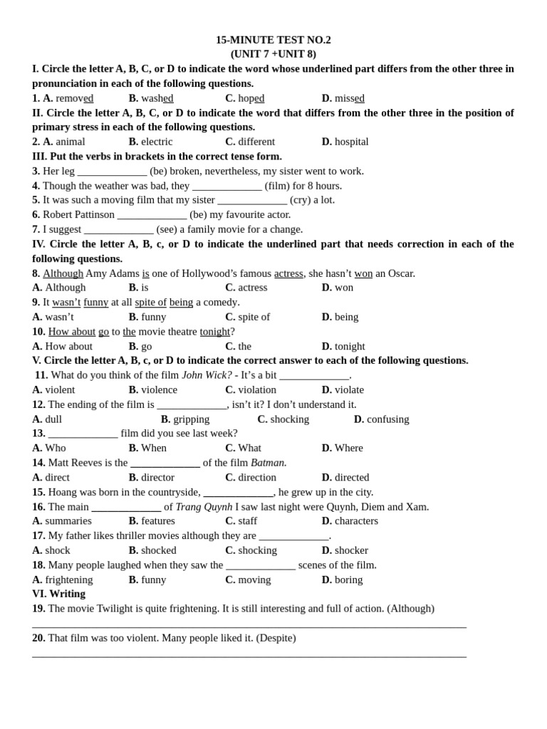 15-Minute Test No.2 (Unit 7 +unit 8) | PDF