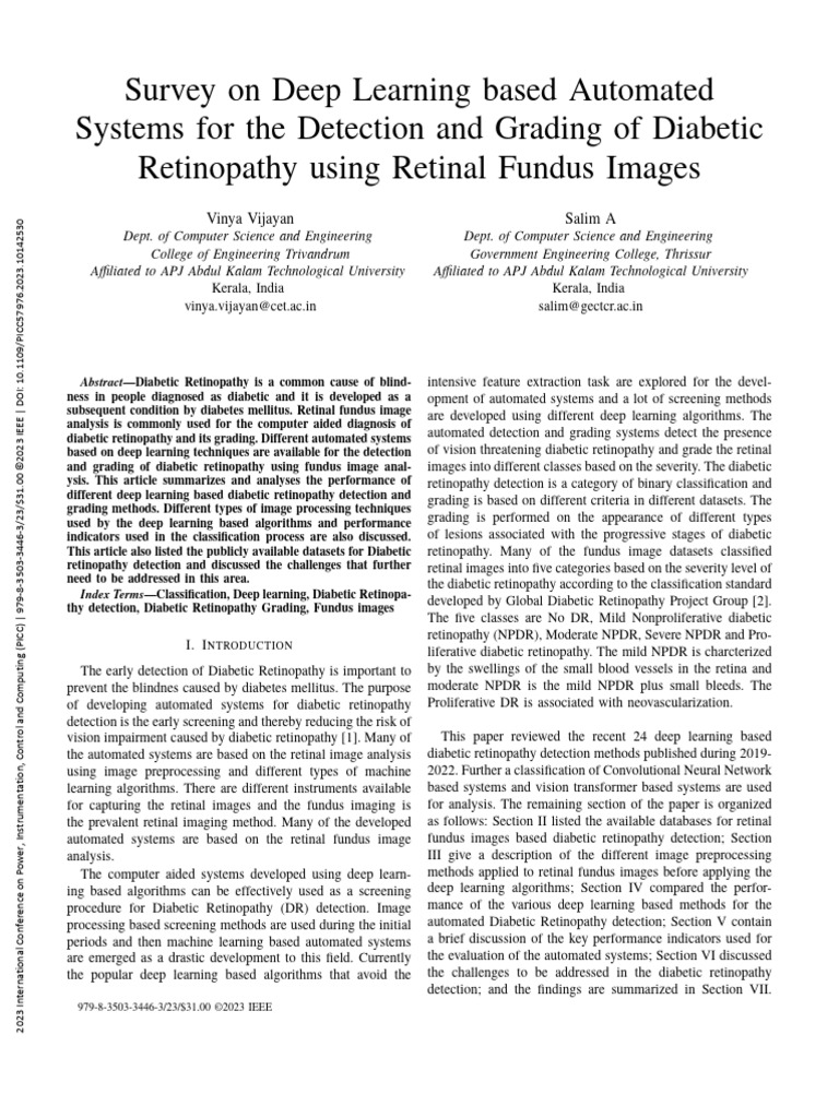 Survey On Deep Learning Based Automated Systems For The Detection And Grading Of Diabetic