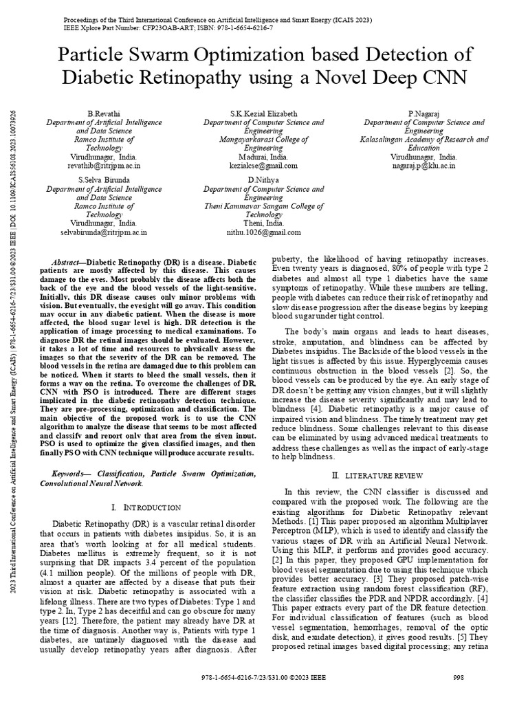 Particle Swarm Optimization Based Detection of Diabetic Retinopathy ...