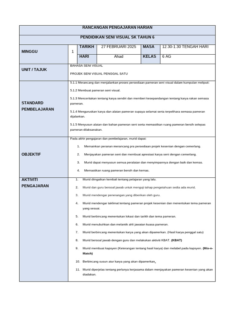 RPH Ringkas Minggu 1 PSV THN 6 by Cikgu Gorgeous | PDF