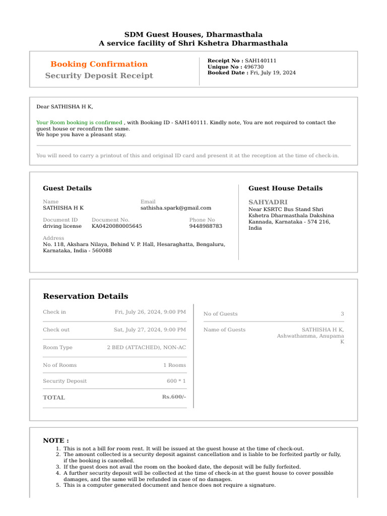 Booking Confirmation Recipt(SAH140111) | PDF