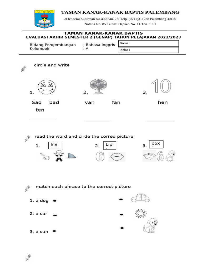 Contoh Penilaian Kelas SOAL TK A | PDF