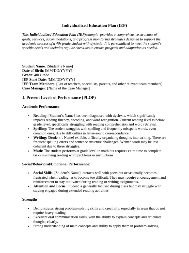 IEP Example for 4th Grader with Dyslexia | PDF | Reading Comprehension ...