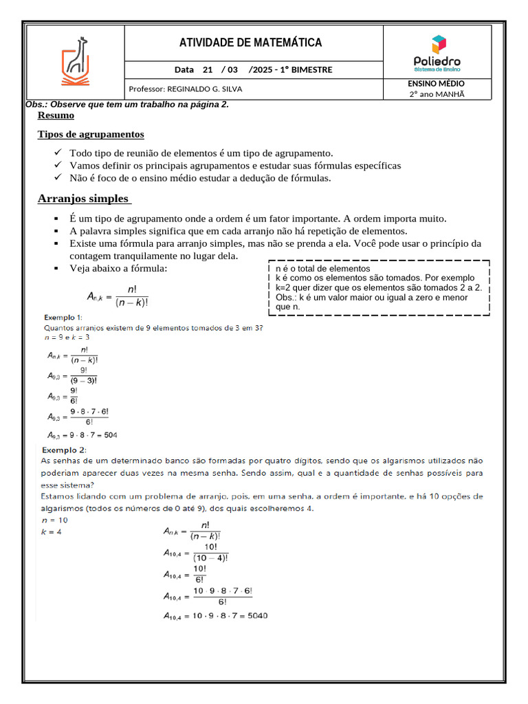 Arranjo Simples Resumo e Atividades Março | PDF | Matemática