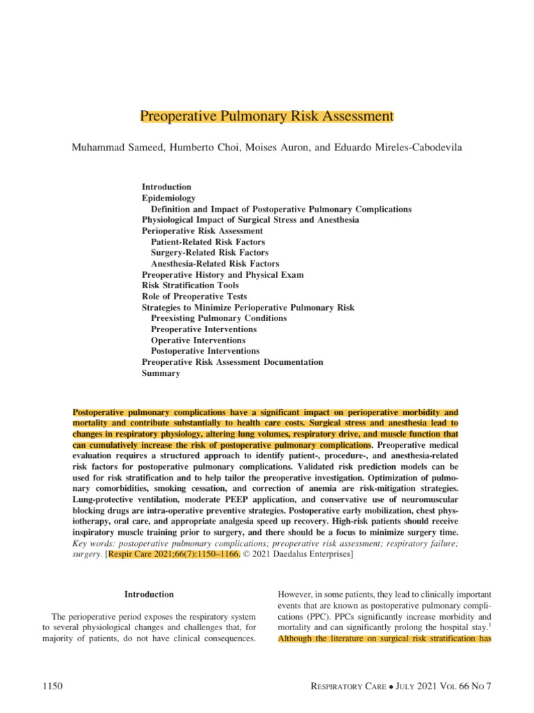 Preoperative Pulmonary Risk Assessment Resp Care July 2021 | PDF | Surgery | Medical Specialties