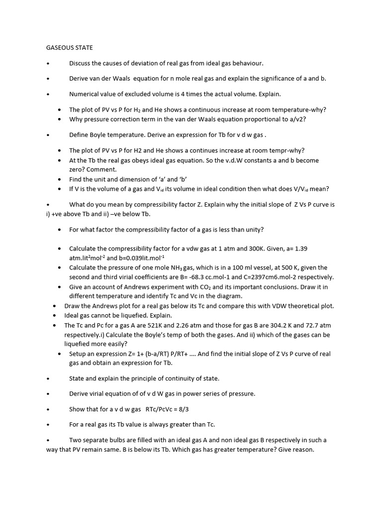 Questions For Practice Real Gas | PDF | Gases | Continuum Mechanics