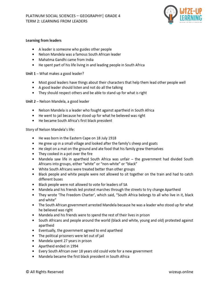 Platinum Social Sciences Grade 4 History TERM 2 LEARNING FROM LEADERS | PDF | Nelson Mandela ...