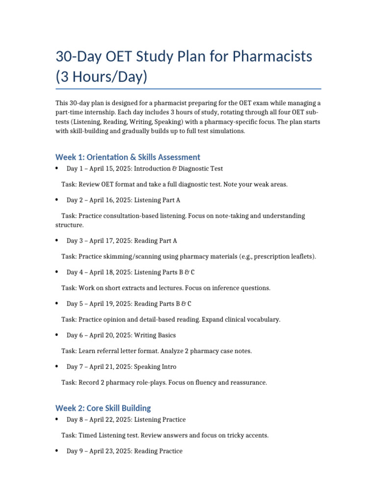 OET 30 Day Study Plan Pharmacist | PDF | Pharmacist | Pharmacy