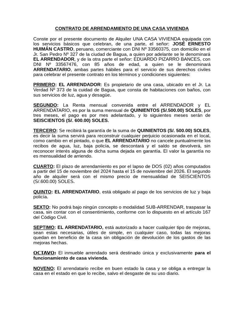CONTRATO DE ARRENDAMIENTO DE UNA CASA VIVIENDA | PDF