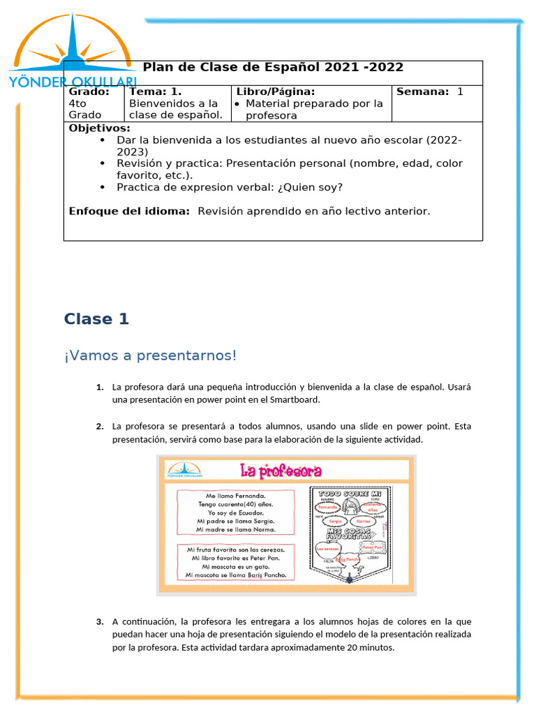 Plan de Clase de Español 4to Grado 2022 | PDF