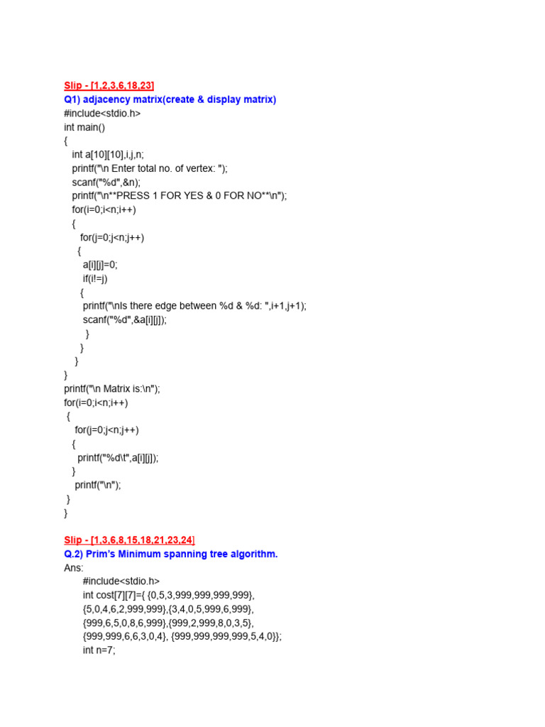 DSA Slips-Solutions (Sem 4) | PDF | Mathematical Relations | Computer Programming