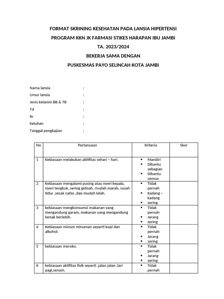 Format Skrining Pada Lansia Hipertensi | PDF