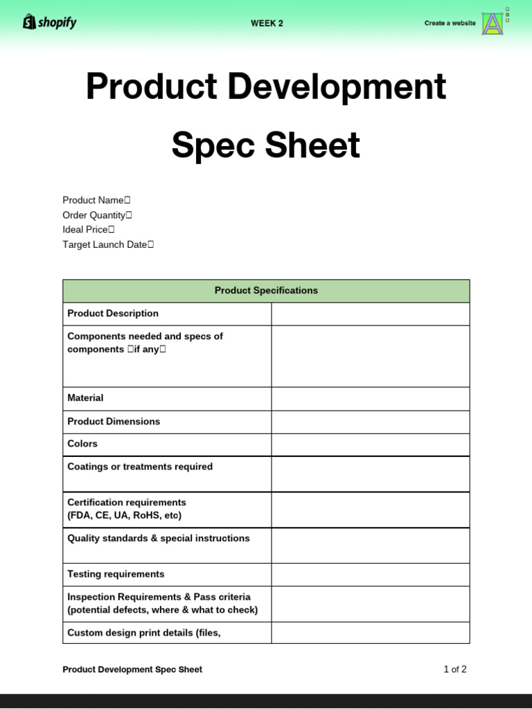 Product Development Spec Sheet | PDF