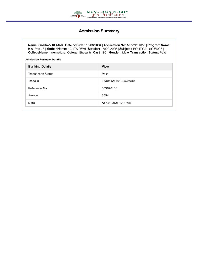 Admission Receipt | PDF