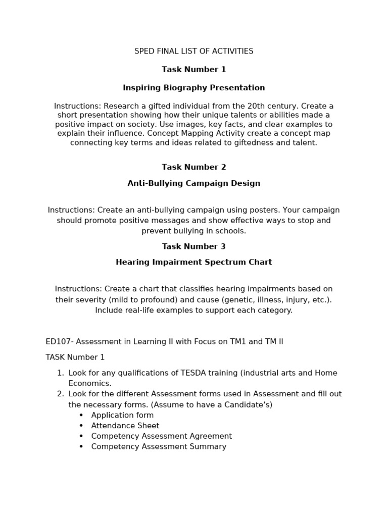 SPED Activities and Assessment Tasks | PDF | Learning | Cognition