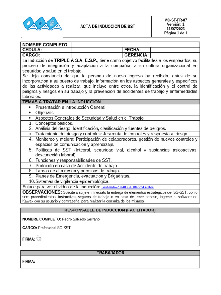 Acta de Induccion SST Pss 3 | PDF