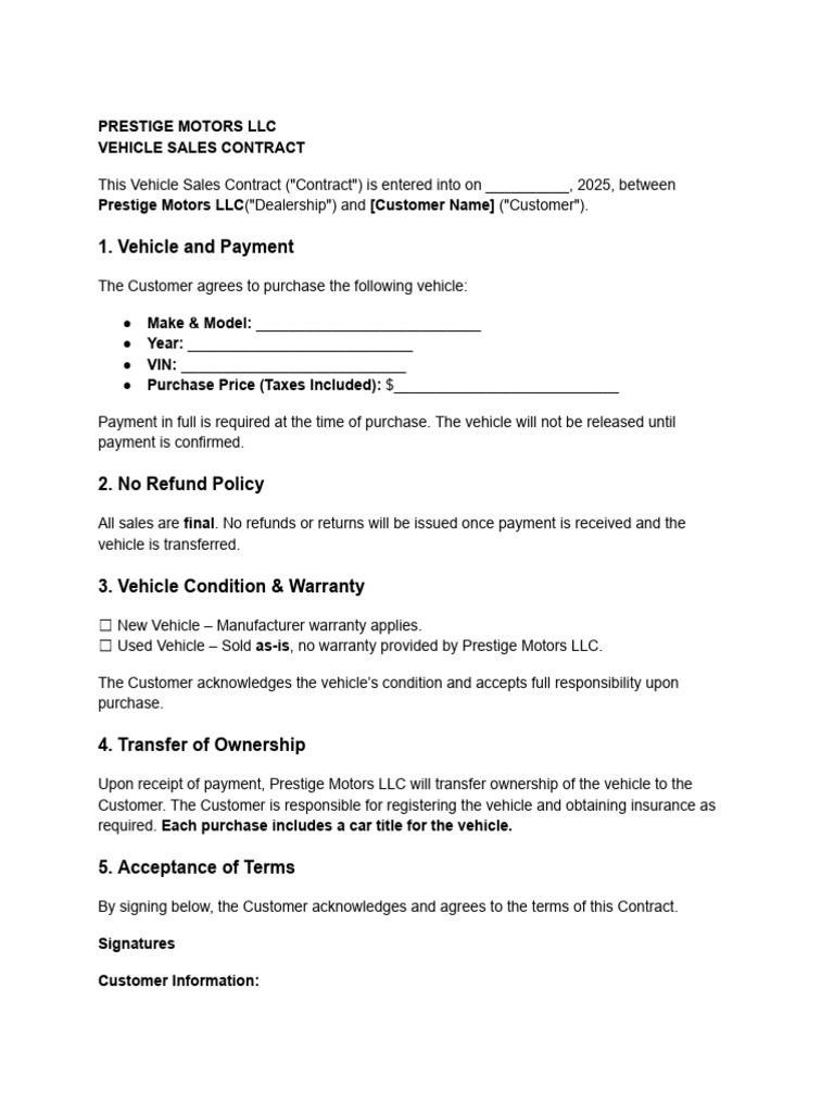 Vehicle Sales Contract Template | PDF