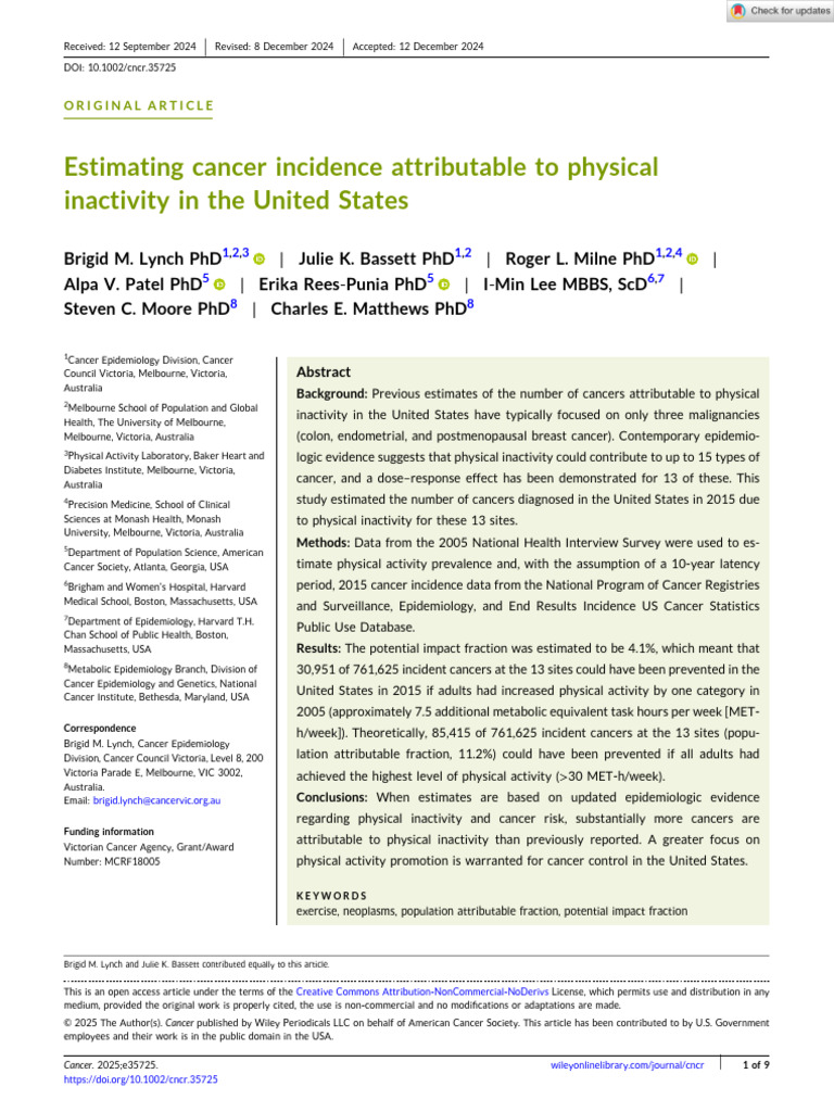 Cancer Risk from Physical Inactivity | PDF | Cancer | Epidemiology