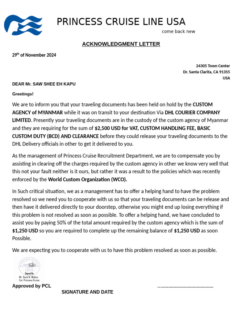 Acknowledgment Letter Princess Cruise Line Usa | PDF