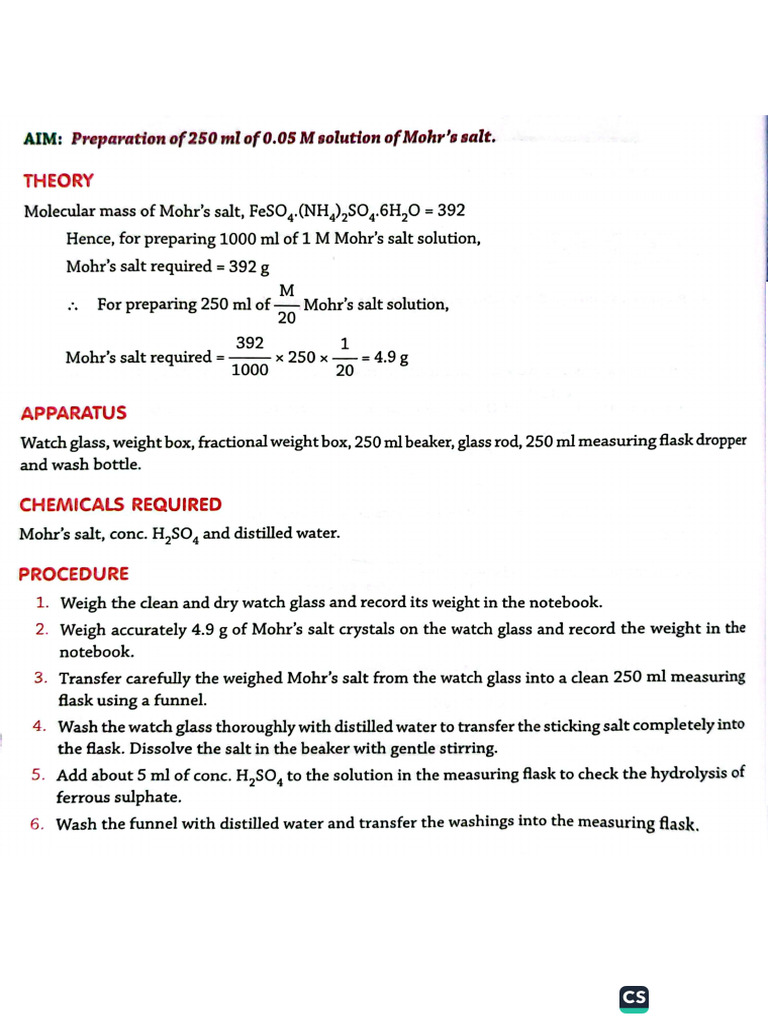 XII Chemistry Practical 1 - Preparation of Mohr's Salt | PDF
