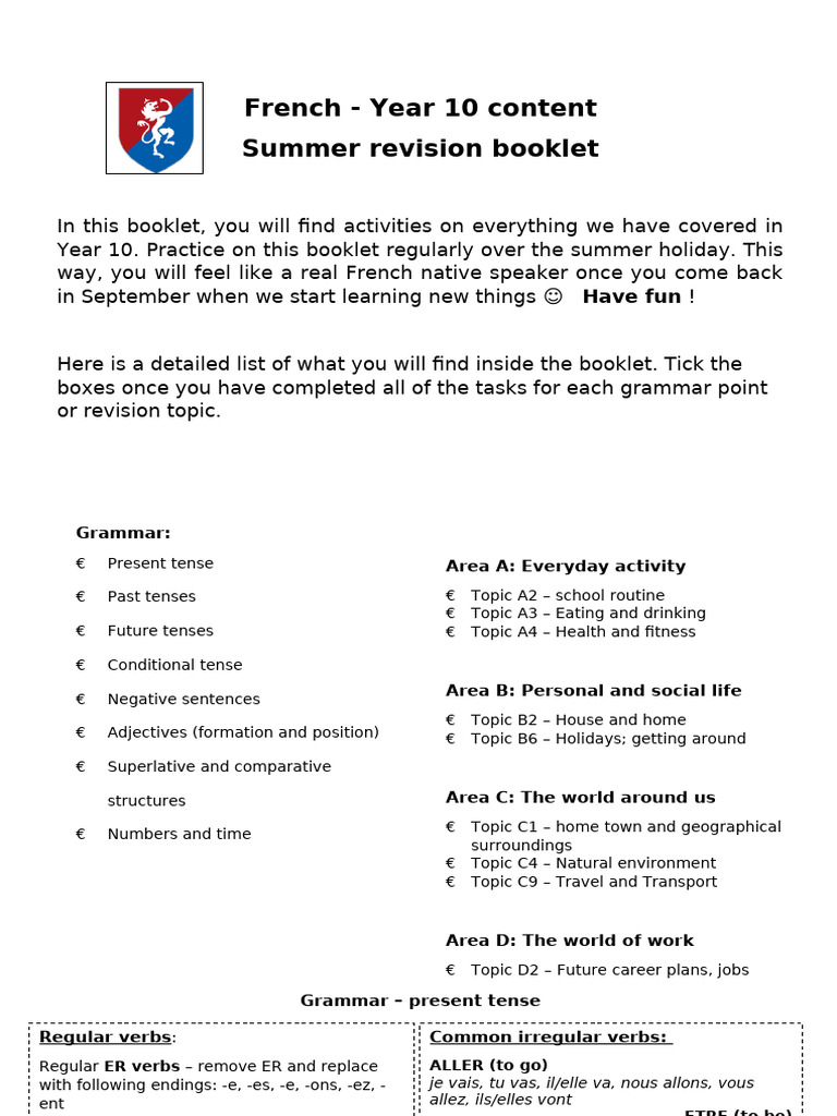Year 10 French Summer Revision Guide | PDF | Morphology | Linguistics