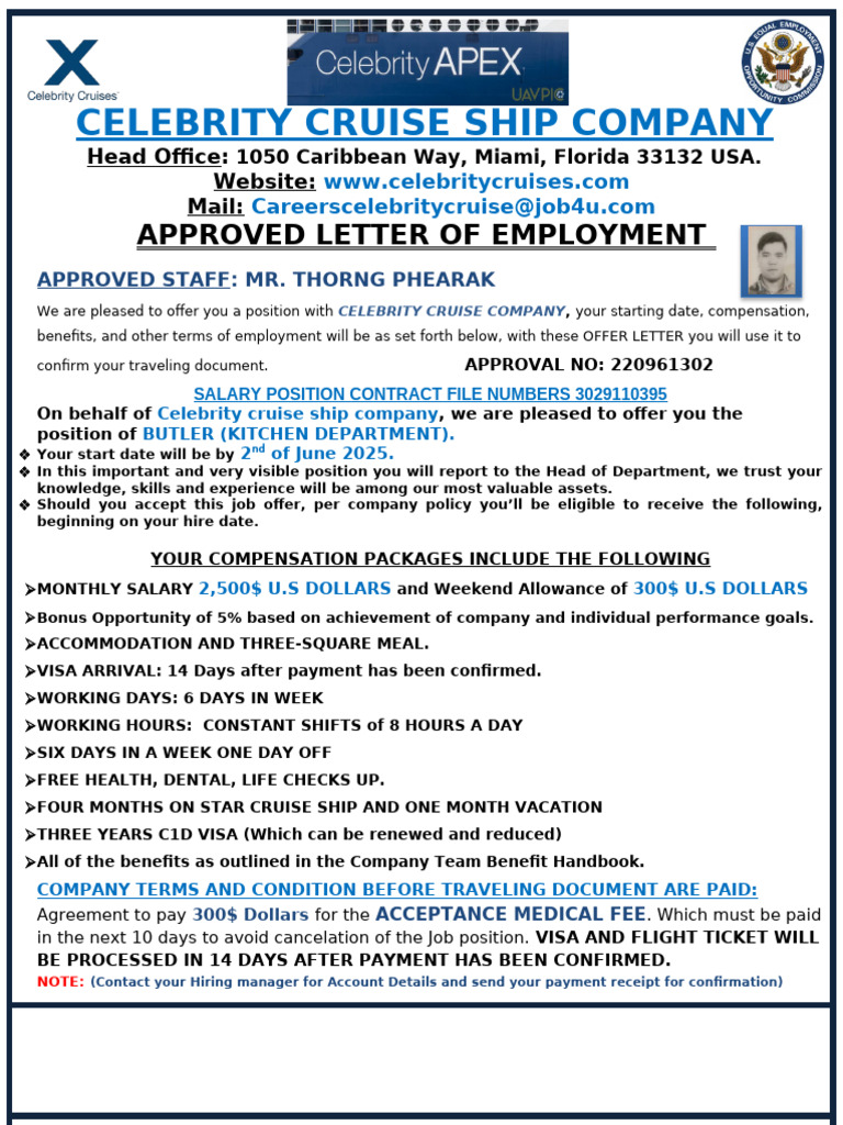 Celebrity Cruise Butler Job Offer Letter | PDF | Employment | Salary