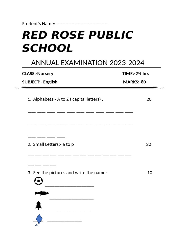 Nursery Exam Paper: English 2023-24 | PDF