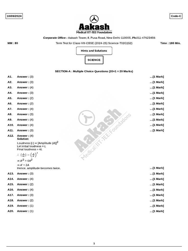 Term Test-2C (CBSE - G-2) Science (C-08) (10-09-2024) - SOL | PDF