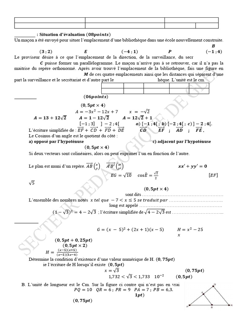 BEPC Blanc : Mathématiques Glei 2024-2025 | PDF | Triangle | Euclide