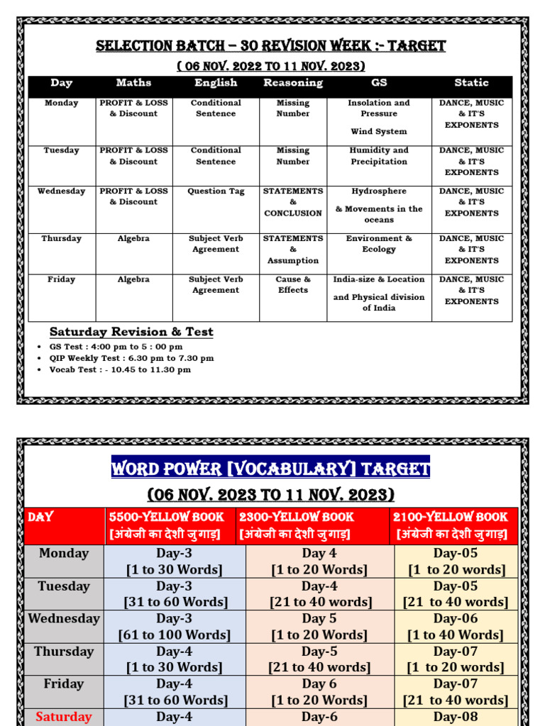 Weekly Target (06 Nov. To 11 Nov.) 2023 | PDF | Linguistics | Earth ...