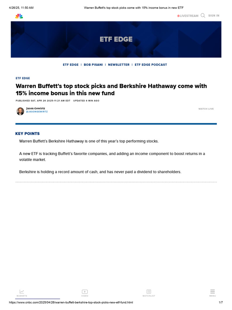 Warren Buffett's Top Stock Picks Come With 15% Income Bonus in New ETF | PDF | Warren Buffett ...