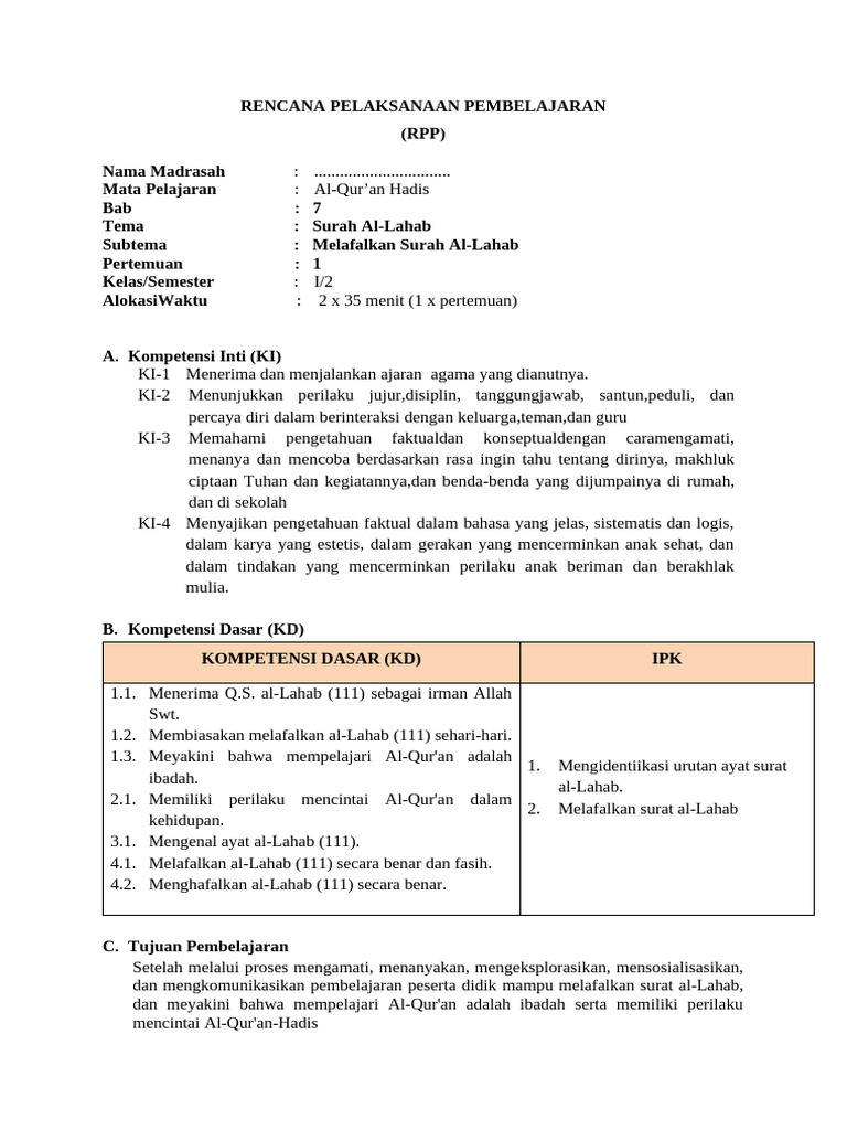 Urutan Surah Al-Lahab dalam RPP | PDF