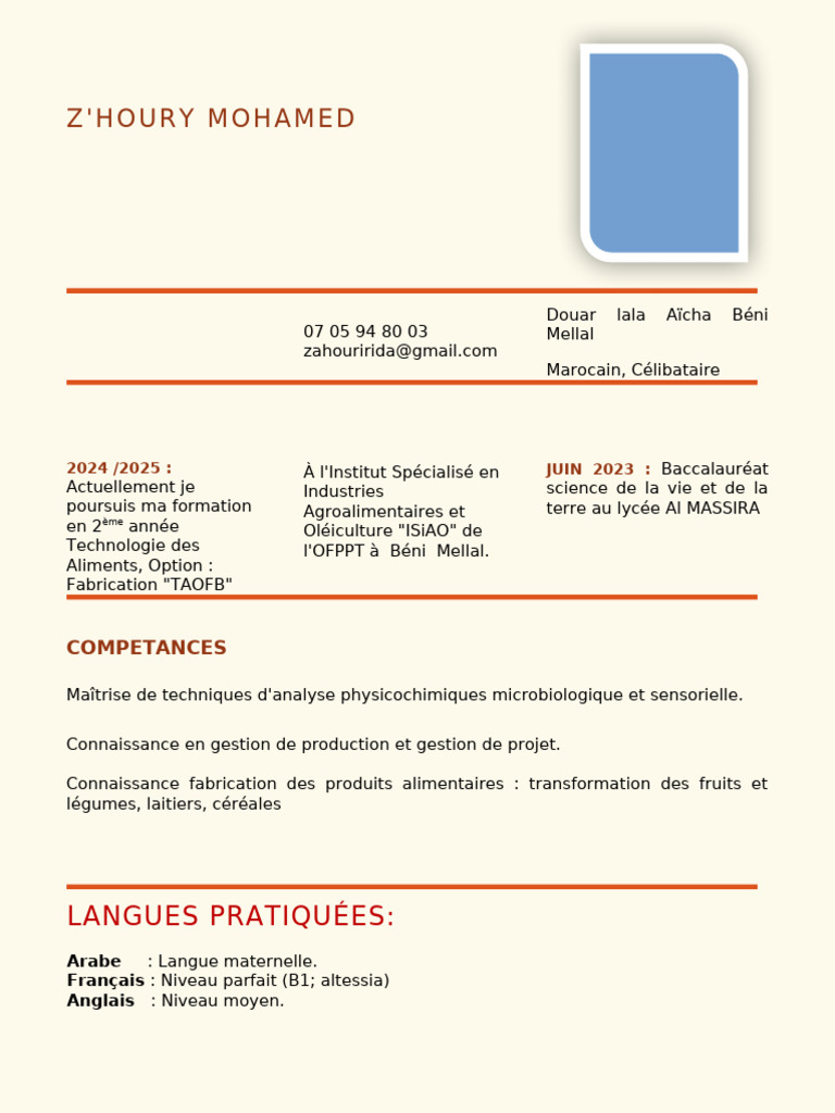 Profil de Z'HOURY MOHAMED en Agroalimentaire | PDF