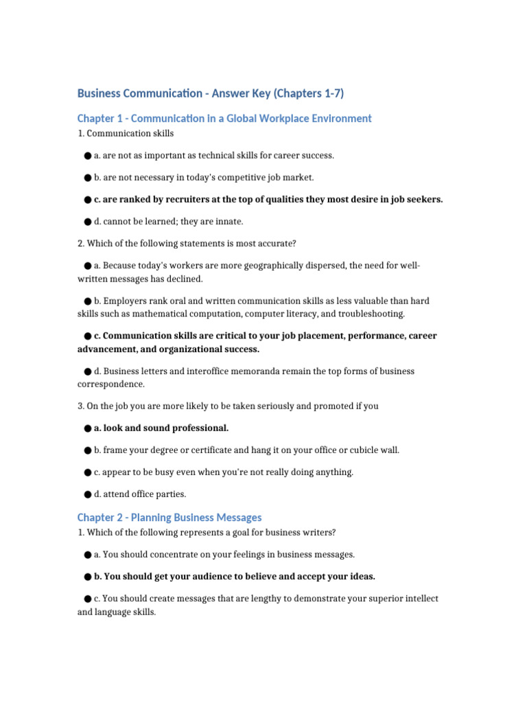 Business Communication Answer Key: Chapters 1-7 | PDF | Communication ...