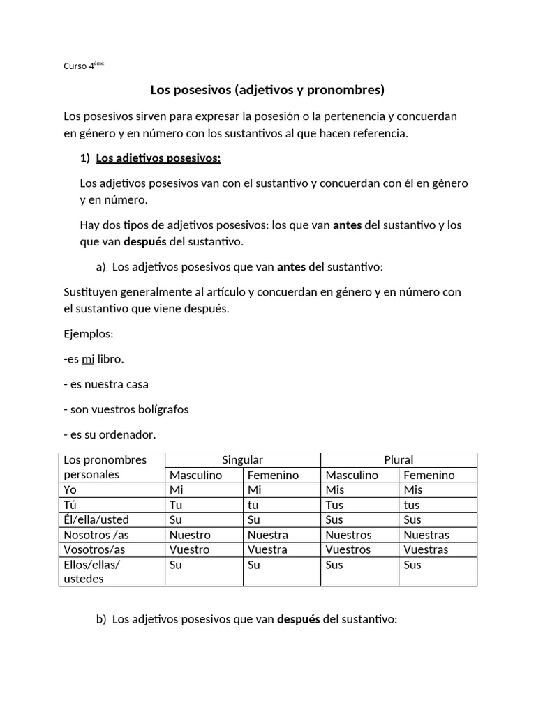 Los Posesivos Curso 4ème | PDF | Adjetivo | Género gramatical