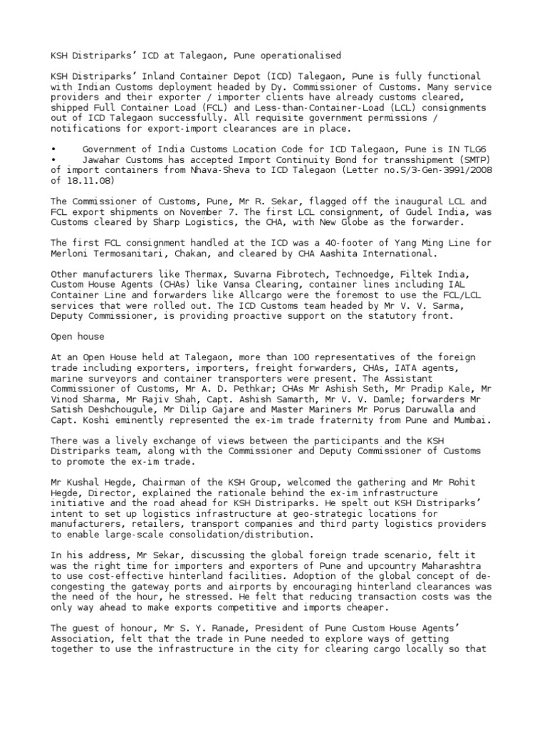 Inland Container Depot, Talegaon, Pune, Maharashtra, India | PDF ...