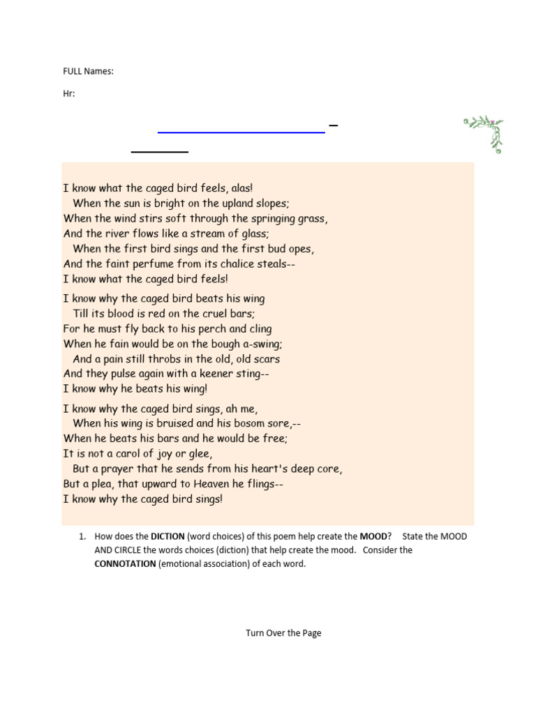Sypathy Poem W Diction Mood and Theme Questions | PDF