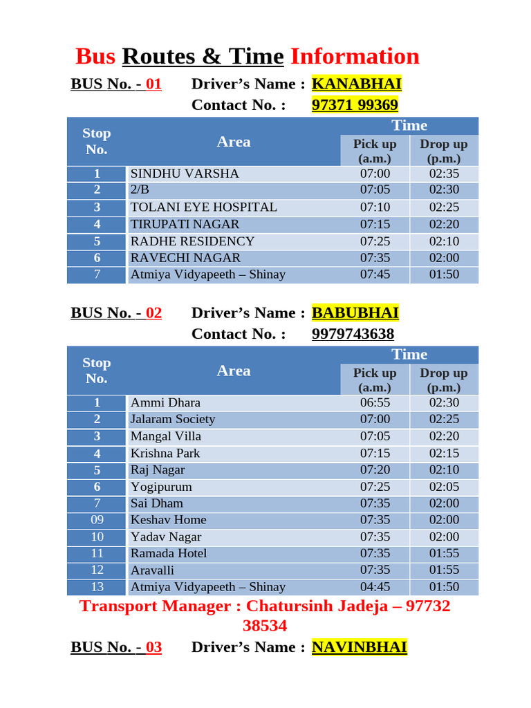 Bus Information: Routes & Time | PDF